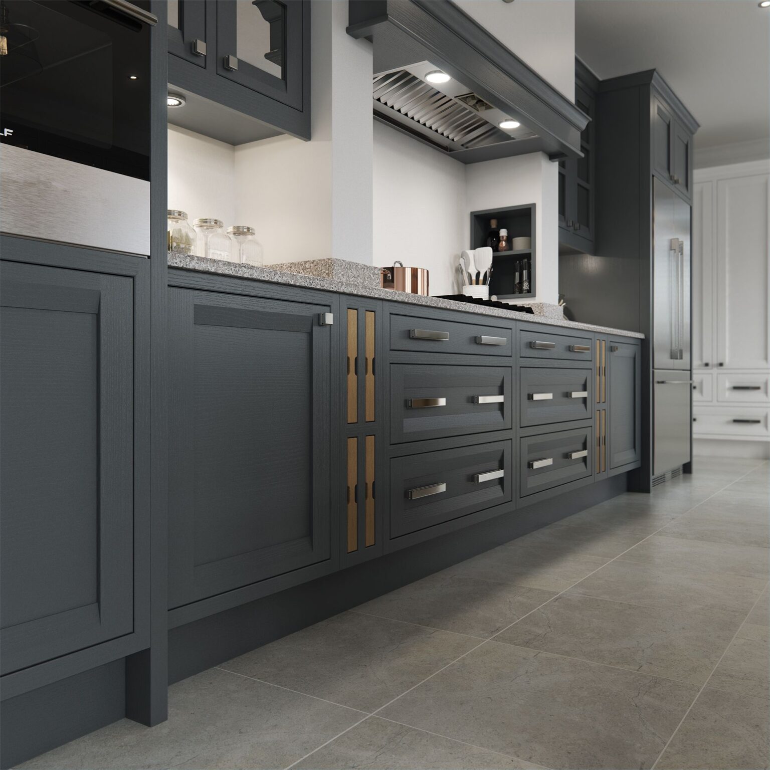 Chamfered Shaker style, in-frame kitchen in painted and oak furniture.